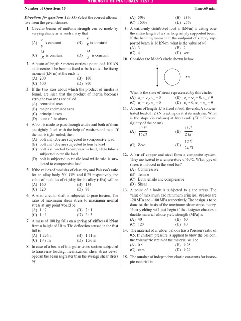 GATE-strength of Material Practice Test 2 | PDF | Bending | Beam ...