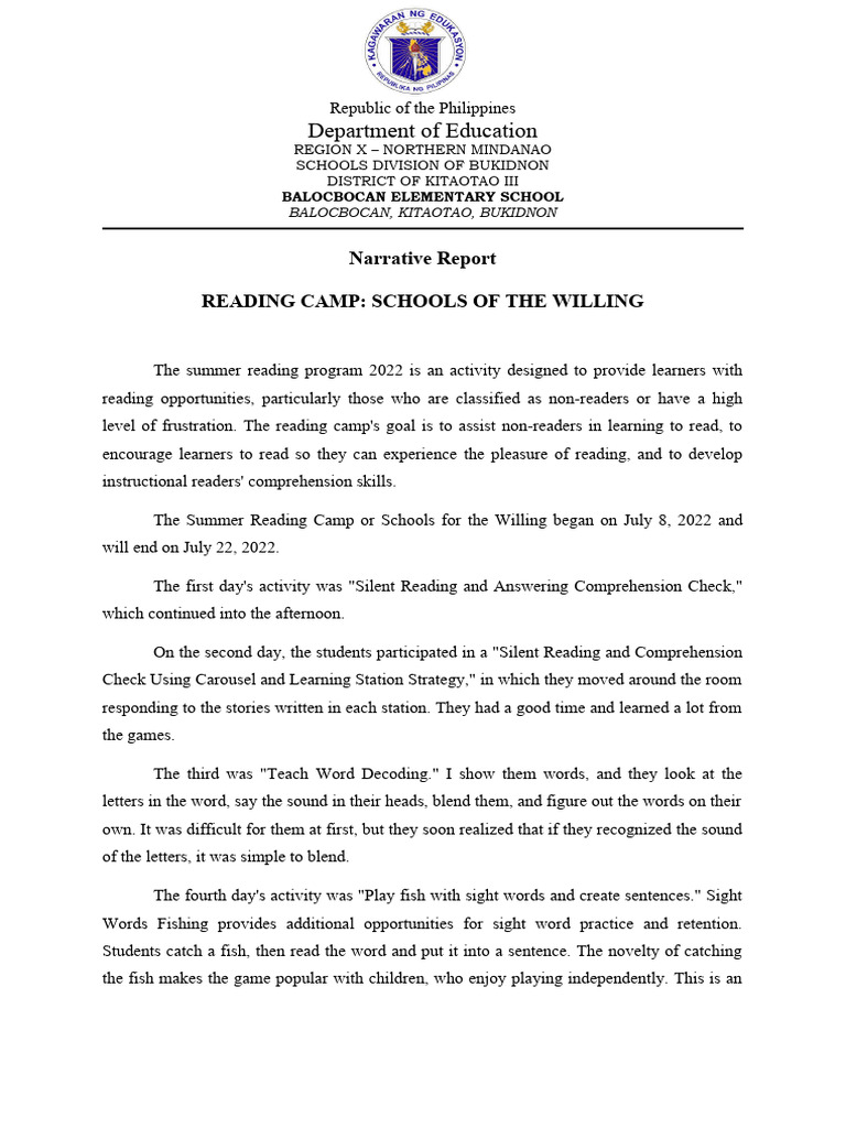 Reading Camp Narrative.g-3 | PDF | Reading Comprehension | Pedagogy