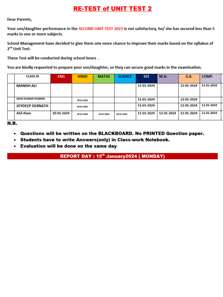 Class III Unit Test Re-Test Notice | PDF