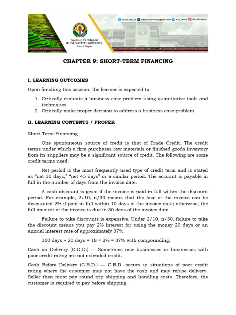 Chapter 9 - Short Term Financing | PDF | Loans | Commercial Paper