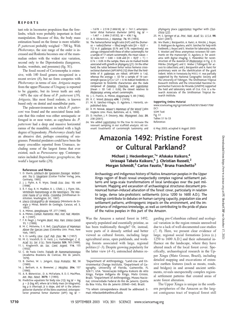 Heckenberger Et Al - 2003 - Amazonia 1492 - Pristine Forest or Cultural ...