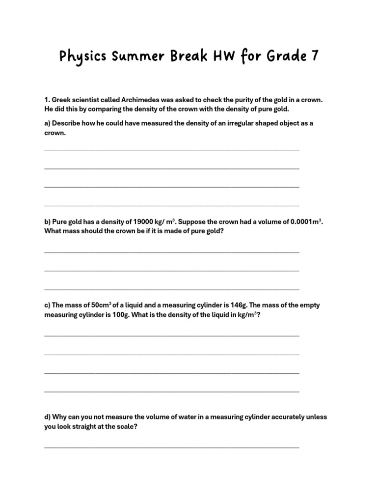 Physics Summer Holiday G7 HW 2023-2024 1 | PDF | Density | Force