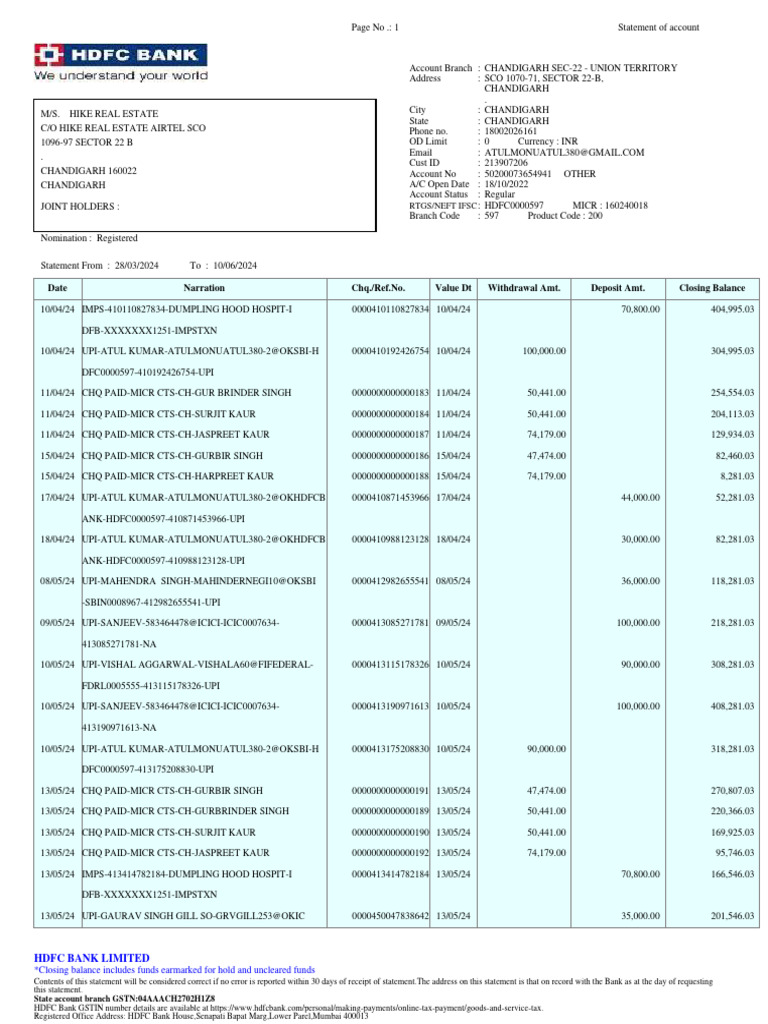 Date Narration Chq./Ref - No. Value DT Withdrawal Amt. Deposit Amt ...