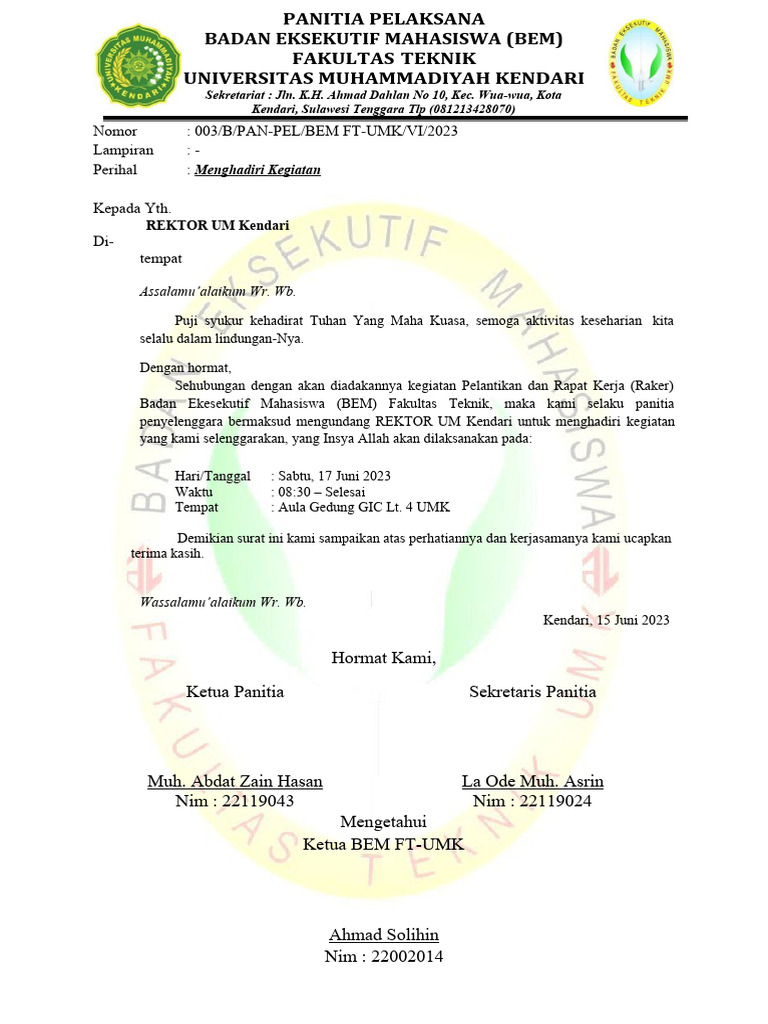 Undangan Raker BEM FT UM Kendari | PDF