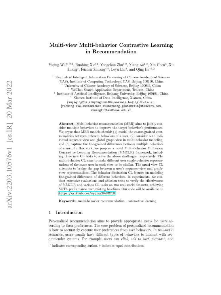 Multi-View Multi-Behavior Contrastive Learning in Recommendation | PDF | Receiver Operating ...