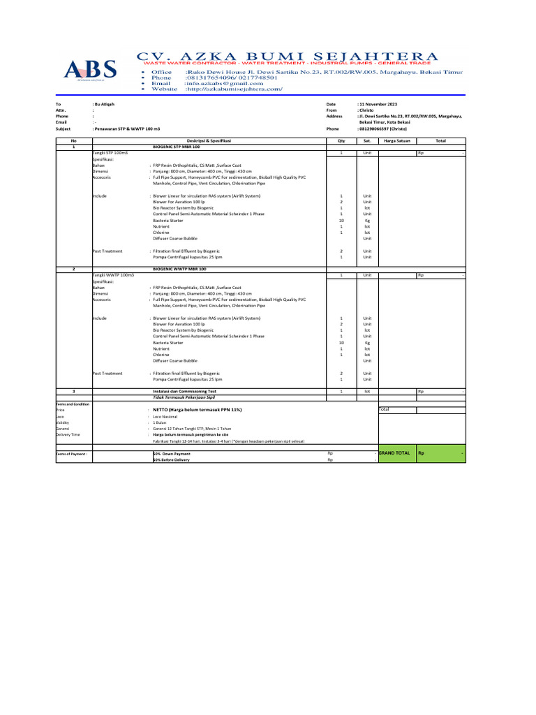 Penawaran IPAL 100 m3 Bu Atiqah PT. Maha Akbar Sejahtera | PDF | Chemical Engineering ...