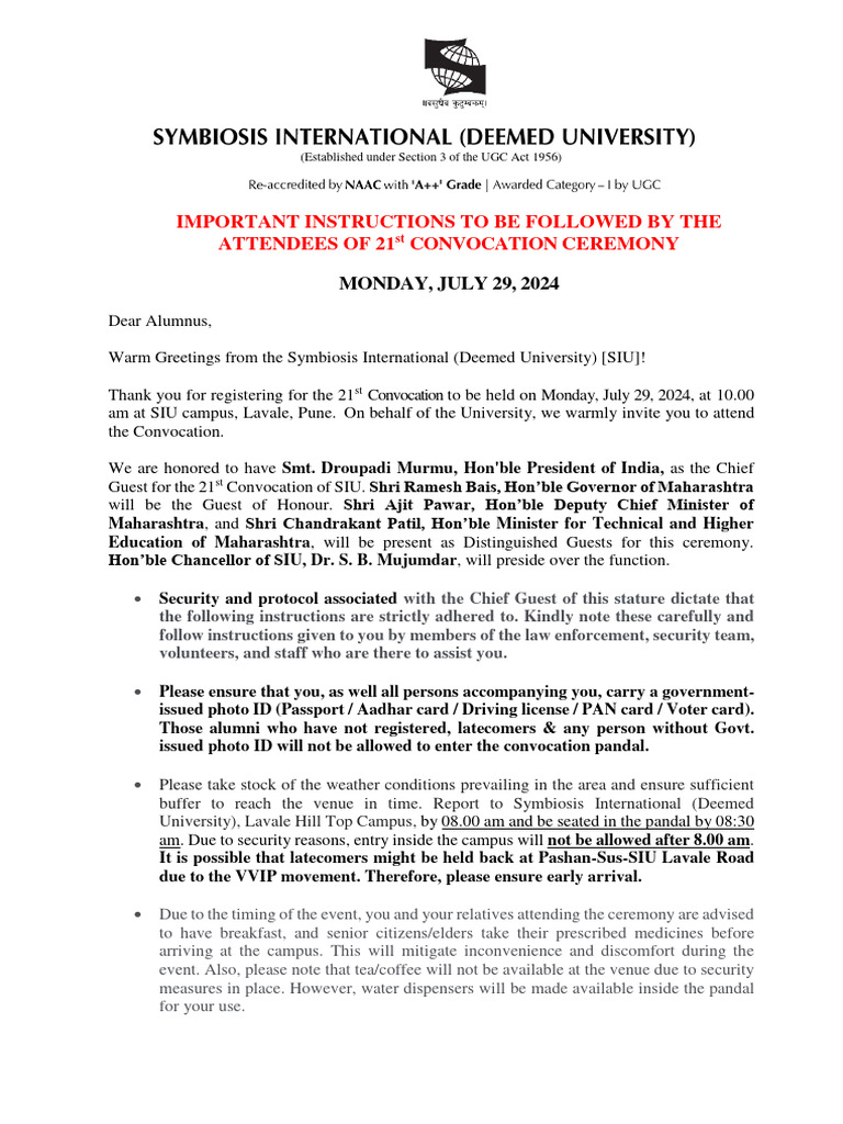 SIU 21st Convocation Instructions 2024 | PDF | Business | Home & Garden