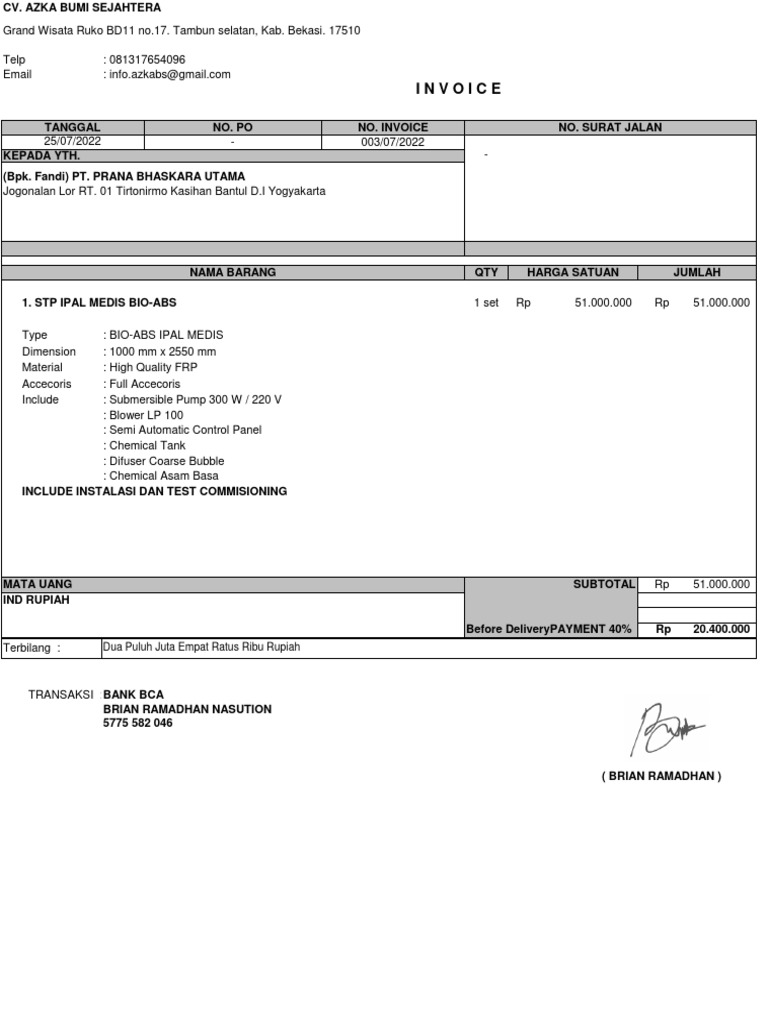 INVOICE Before Delivery Payment STP MEDIS BAPAK FANDI PT Prana