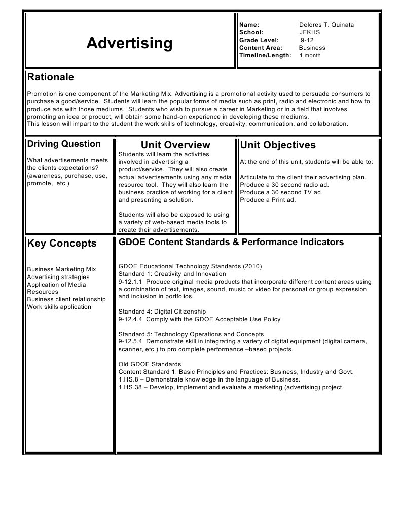 Advertising Unit Plan | PDF | Advertising | Media (Communication)