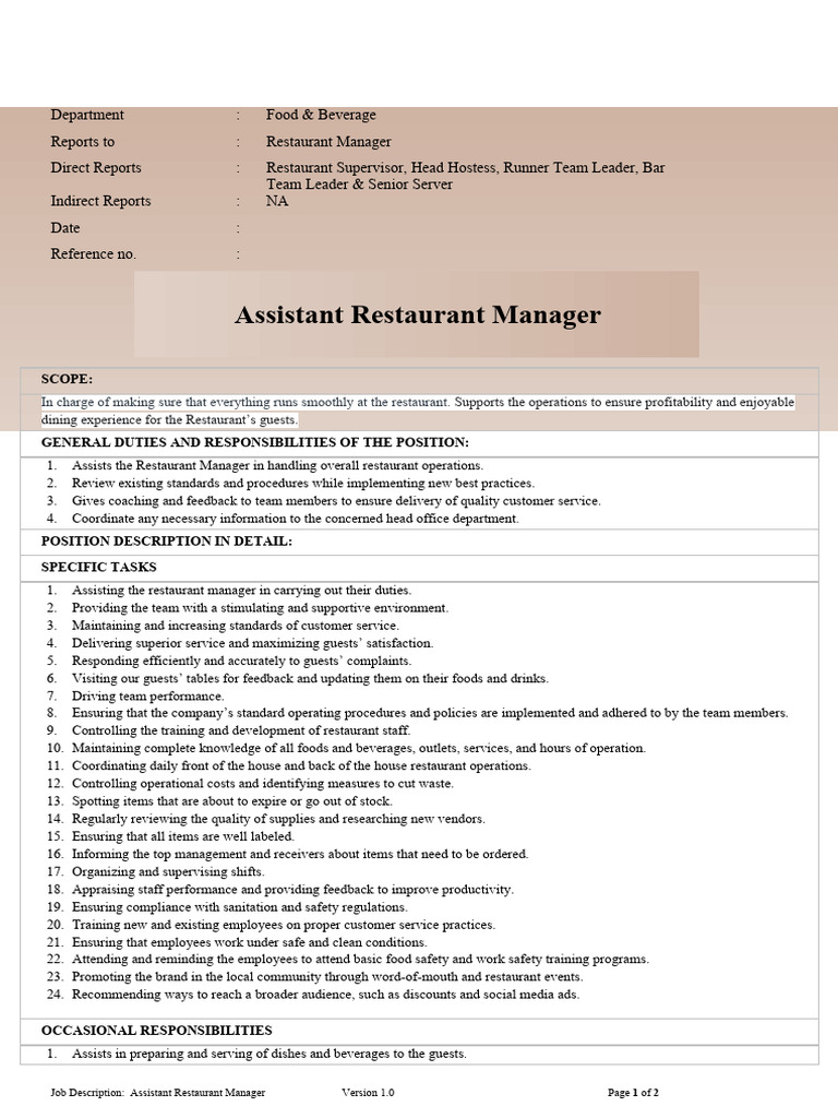 JD-OPS-FBS002-Assistant Restaurant Manager | PDF | Restaurants ...