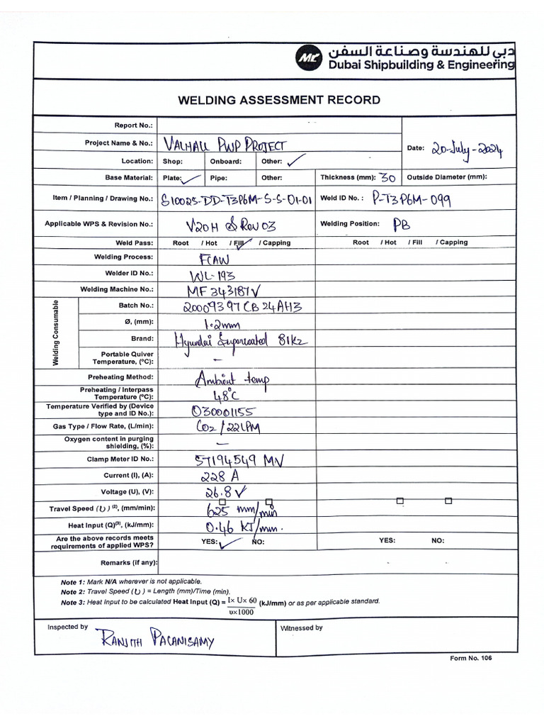 Weld Assessment Record 20th July 2024 | PDF