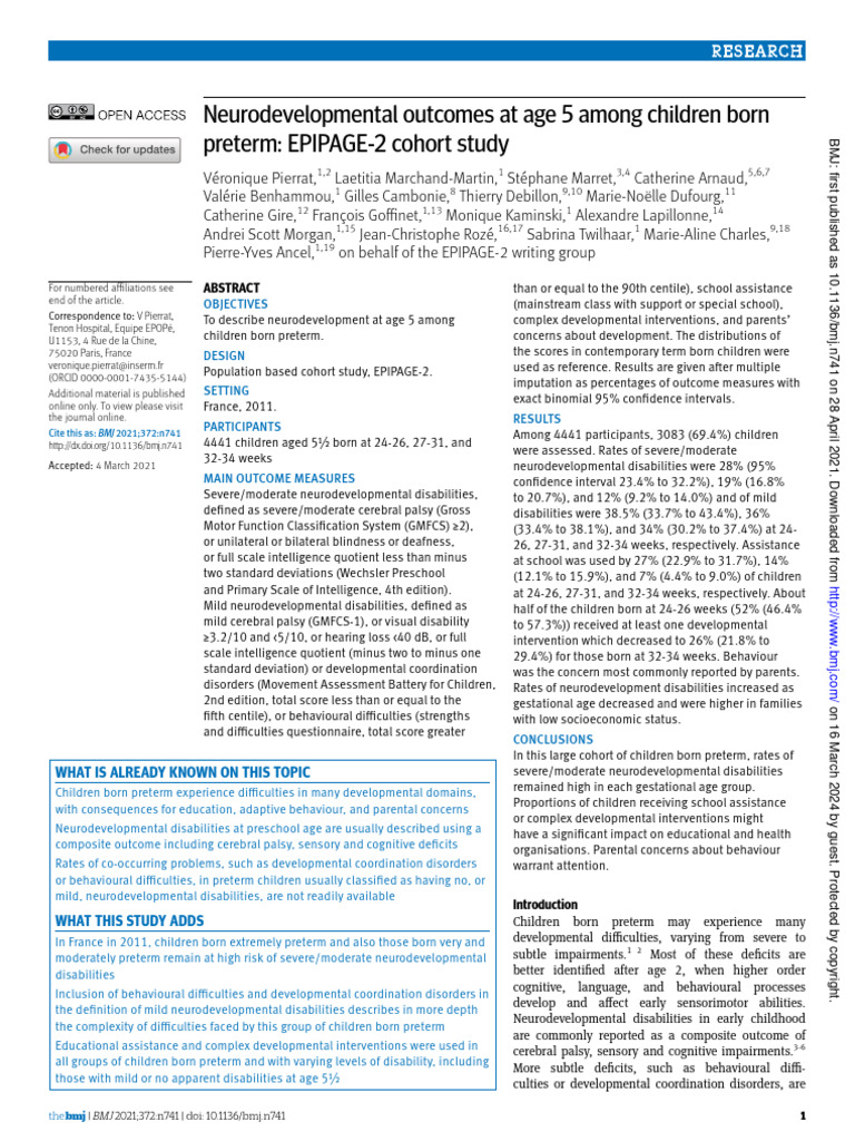 Pierrat 2021 EPIPAGE | PDF | Confidence Interval | Hearing Loss