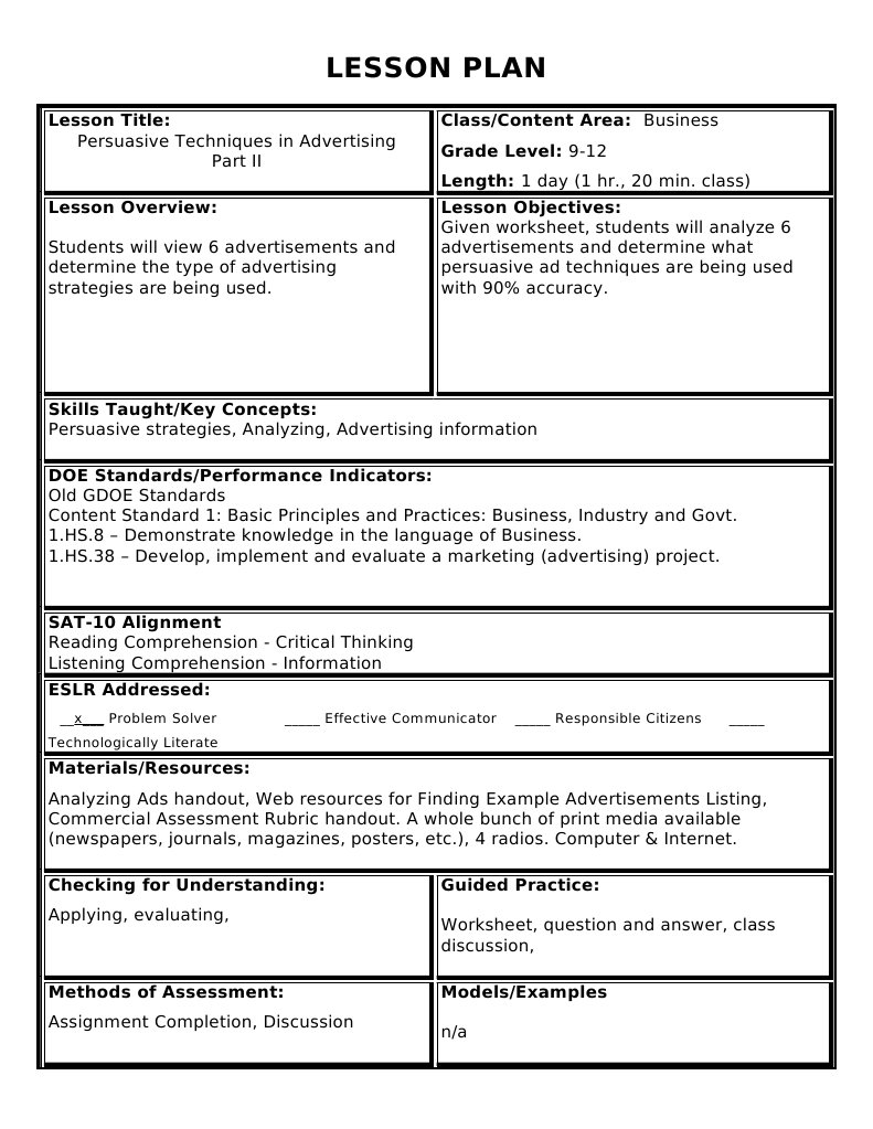 Persuasive Advertising Techniques Lesson | PDF | Advertising | Reading ...