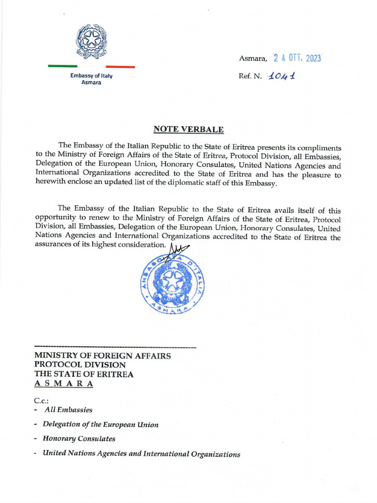 Note Verbale Ref. N. 1041 Dated 24.10.2023-Updated Diplomatic List | PDF