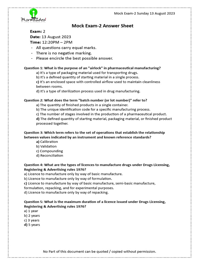 Mock Exam-2 Answers Sheet | PDF | Clinical Trial | Prescription Drugs Mock Exam-2 Answers Sheet | PDF | Clinical Trial | Prescription Drugs