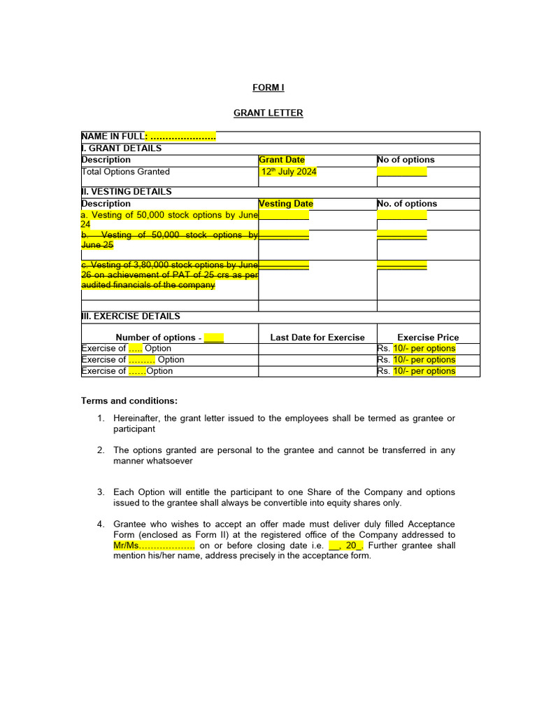Form I | PDF | Option (Finance) | Vesting