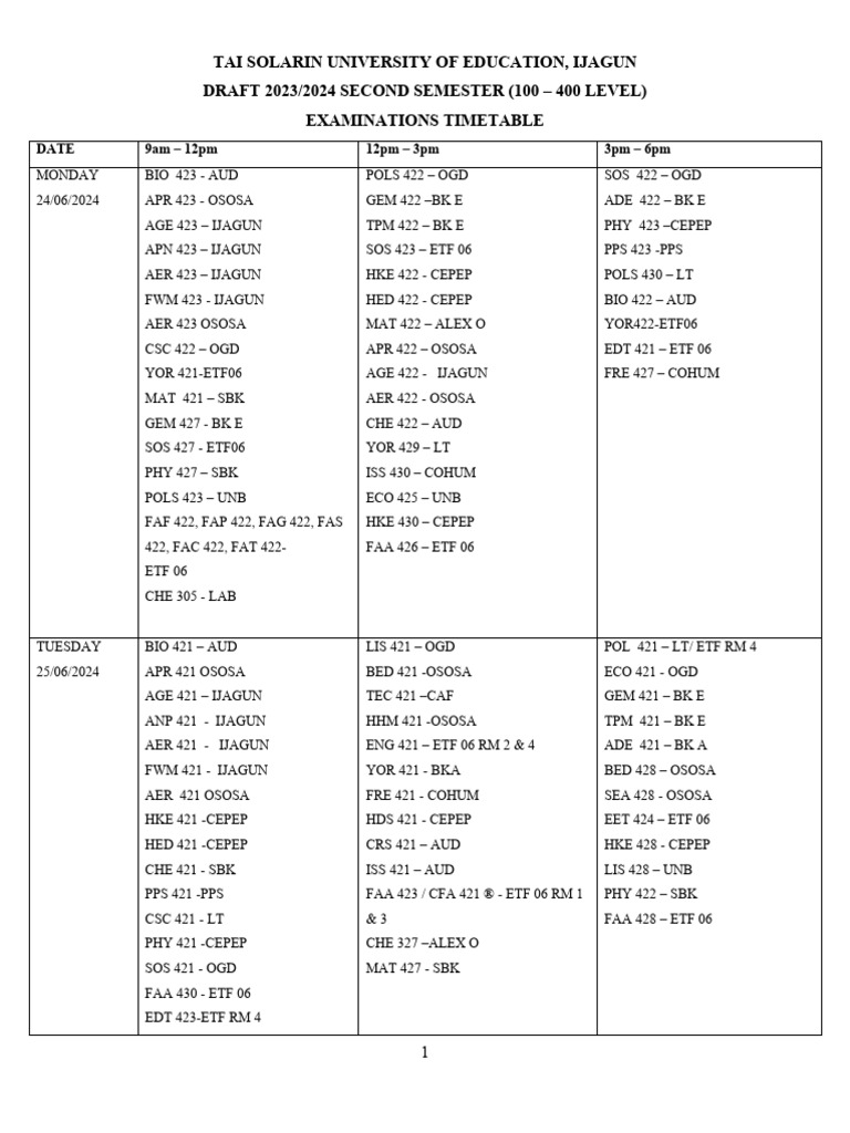 Edited - 2023-2024 2nd Semester Examination Timetable - FINAL | PDF