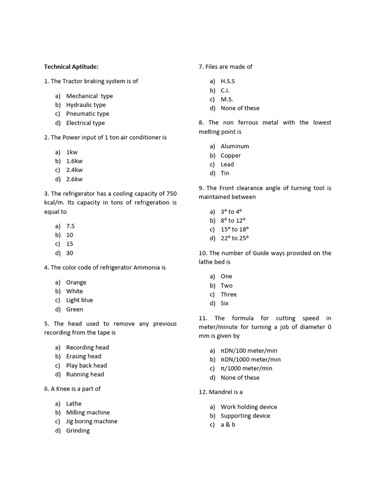 Technical Quiz for Engineers | PDF | Rotating Machines | Engineering