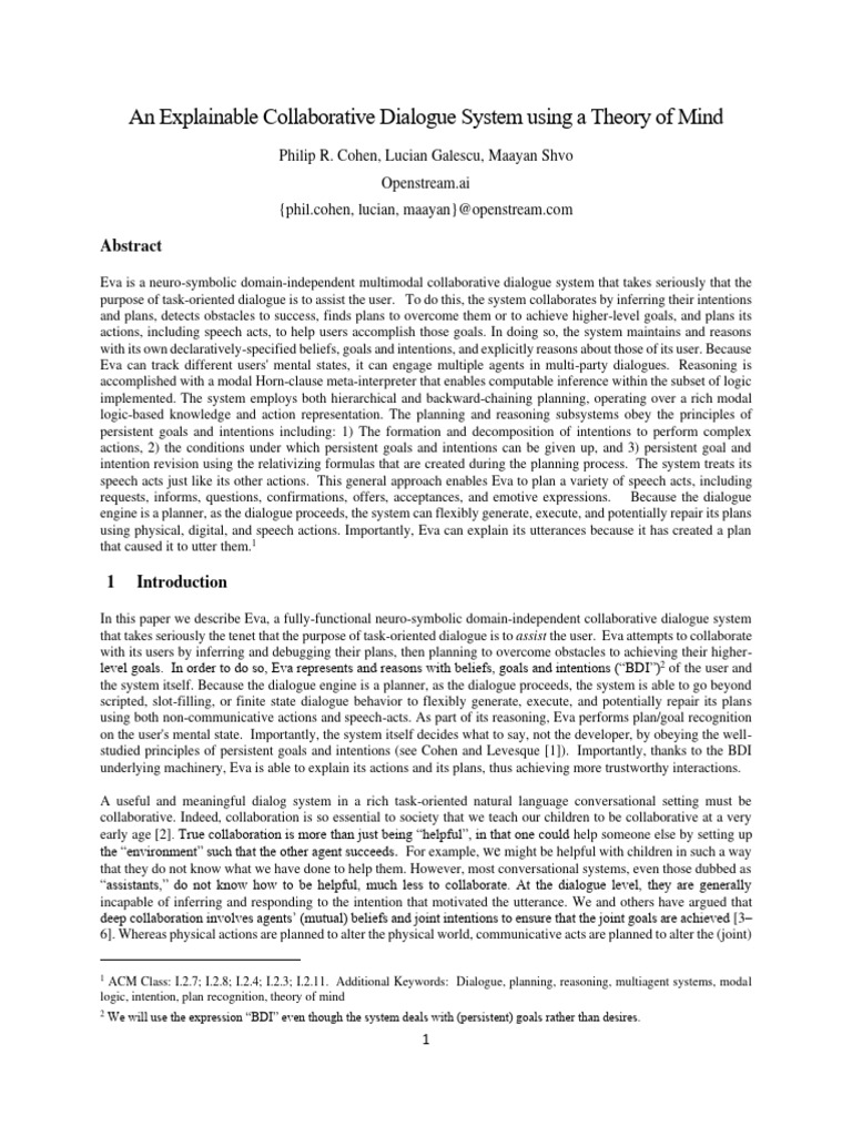 An Explainable Collaborative Dialogue System Using A Theory of Mind | PDF | Modal Logic | First ...