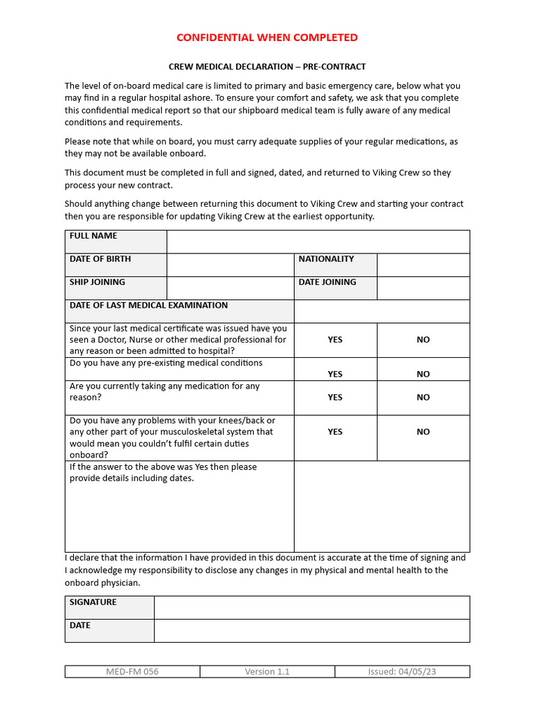 MED-FM 056 - Crew Pre-Contract Medical Declaration V1.2 | PDF