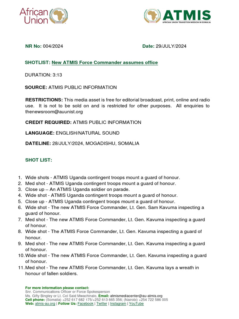 NEWS ARTICLE and SHOT LIST - New ATMIS Force Commander Assumes Office | PDF | African Union ...