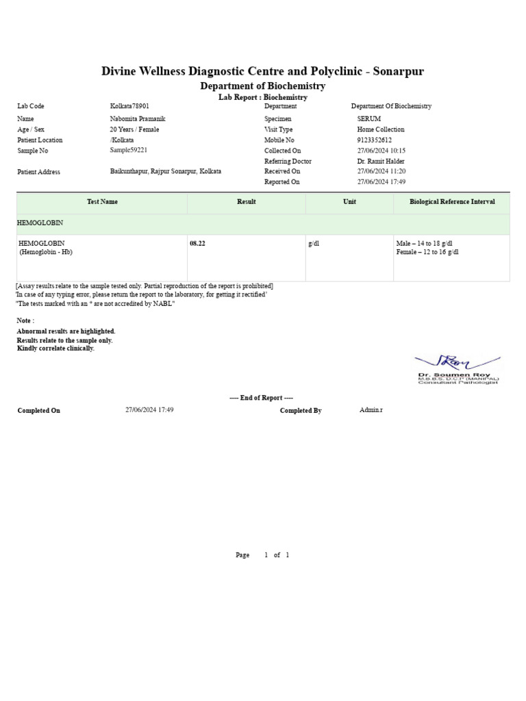 Female Hemoglobin Test Report | PDF | Medicine | Medical Specialties