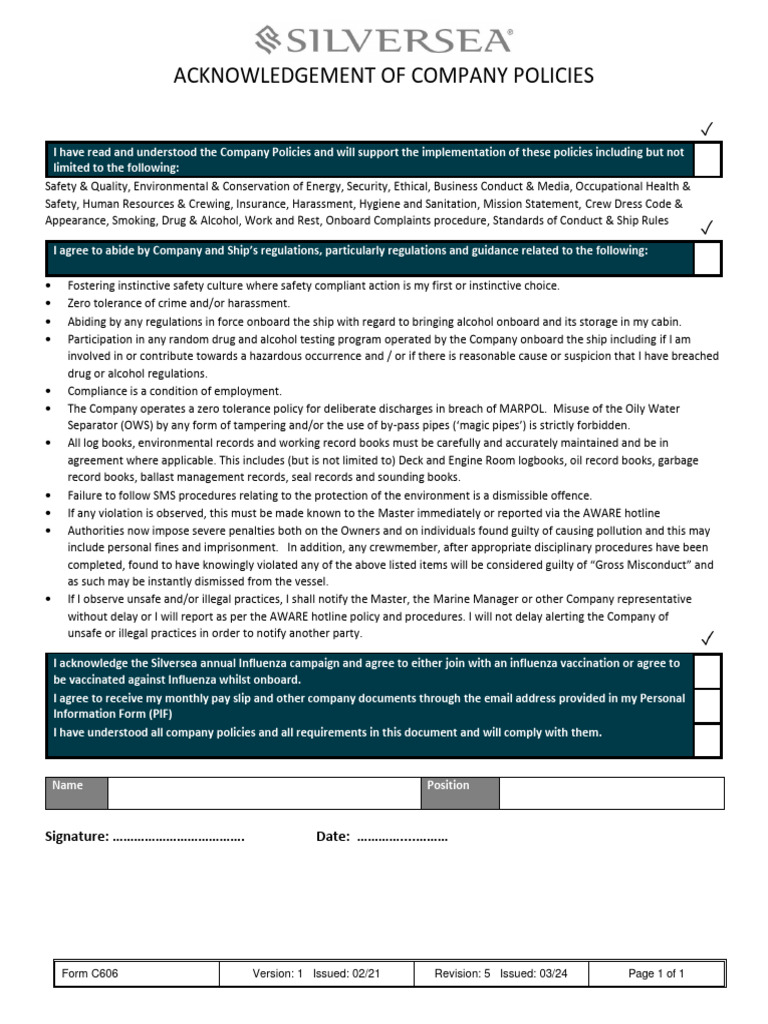 Acknowledgement of Company Policies: Signature: . Date: .... | PDF ...