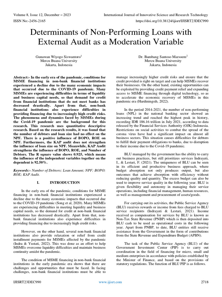 Determinants of Non-Performing Loans With External Audit As A ...