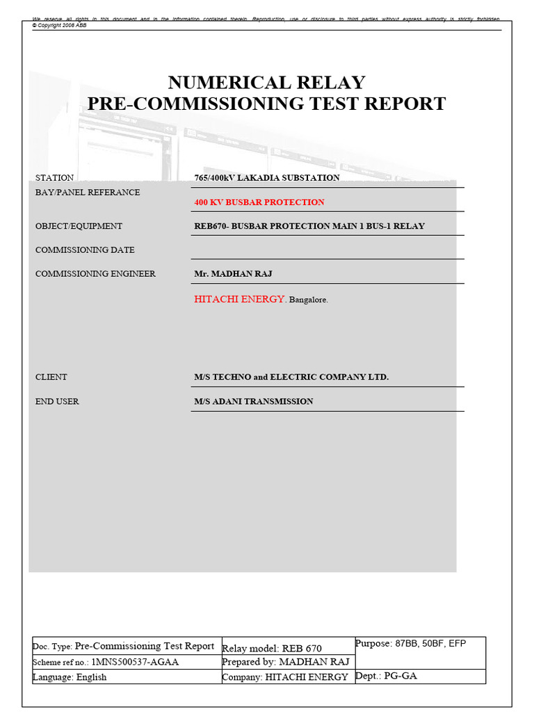 400kv Busbar Main 1 Bus 1 | PDF | Relay | Electronics