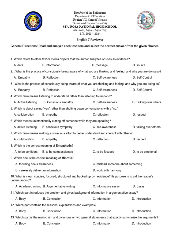 English 7 Review Questions and Answers | PDF | Essays | Information