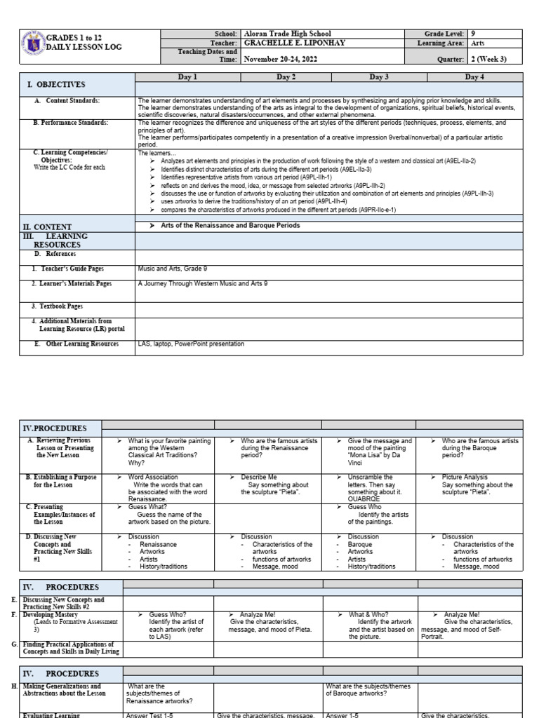 Q2 DLL Arts WEEK 3 | PDF | Learning | Paintings