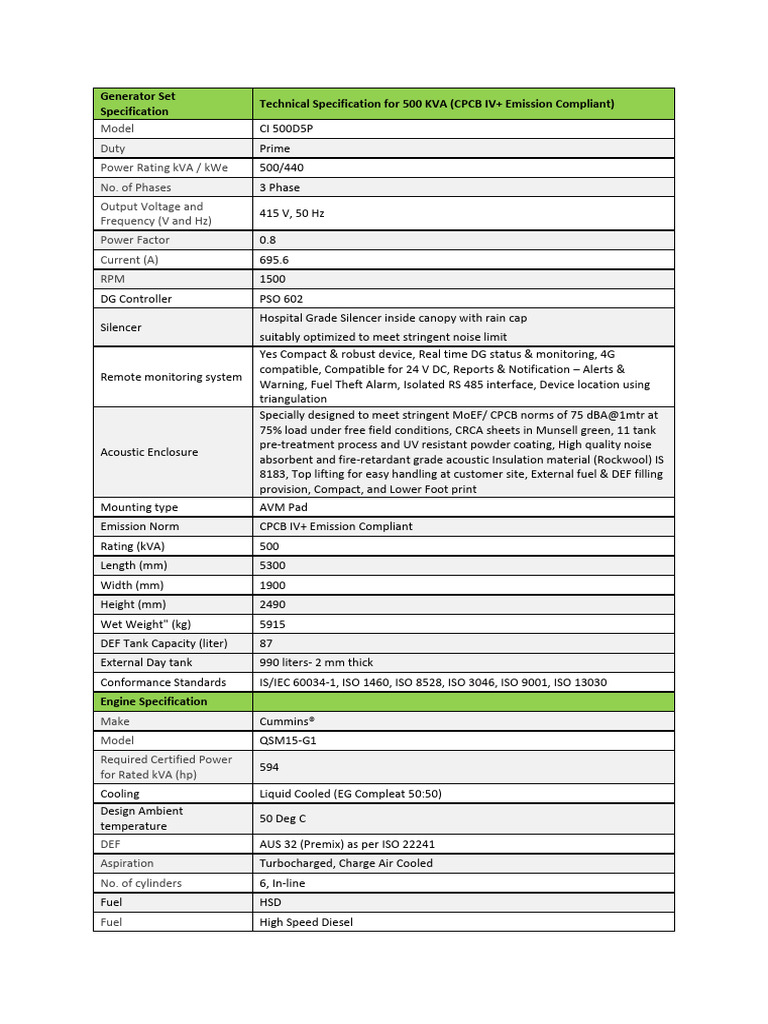 500KVA Generator Set Specification | PDF | Electrical Engineering ...