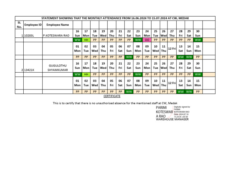 Employee Attendance Record June-July 2024 | PDF