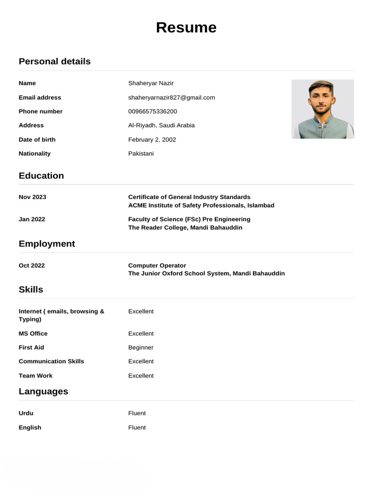 Shaheryar Nazir's Professional Resume | PDF