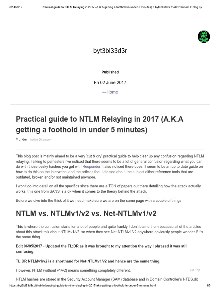 Practical Guide To NTLM - Byt3bl33d3r - Dev - Random - Blog - Py | PDF ...