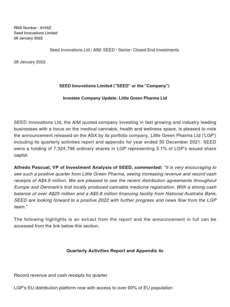 Seed Innovations LTD / AIM: SEED / Sector: Closed End Investments | PDF ...