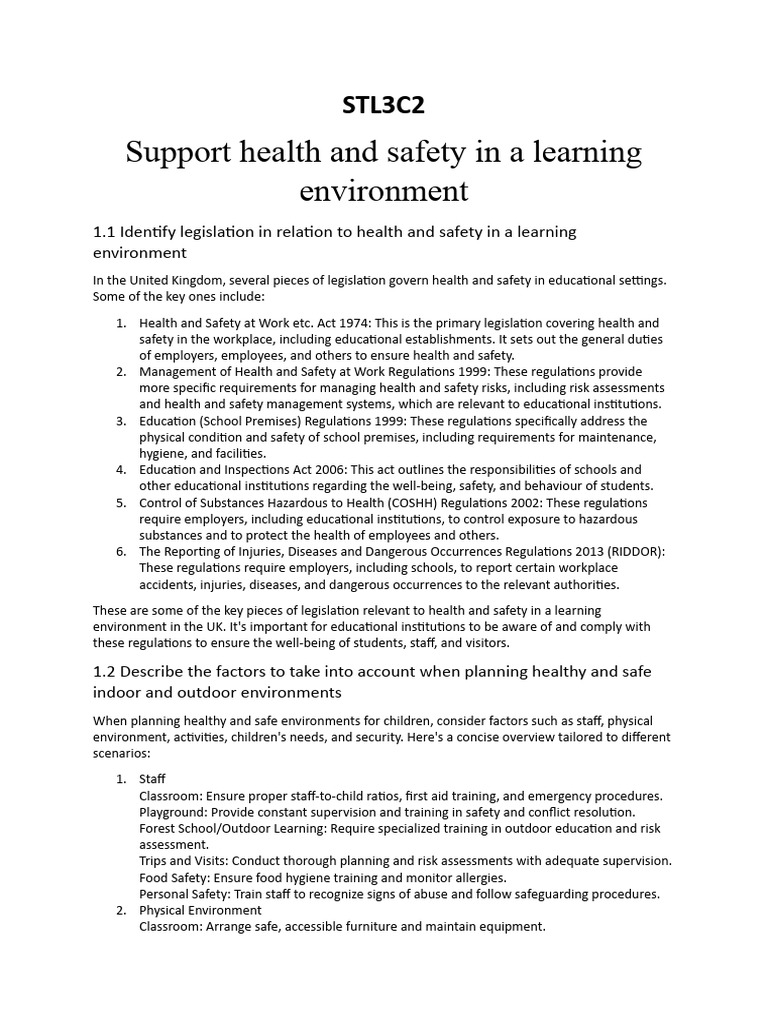 Health and Safety in Learning Environments | PDF | Occupational Safety ...