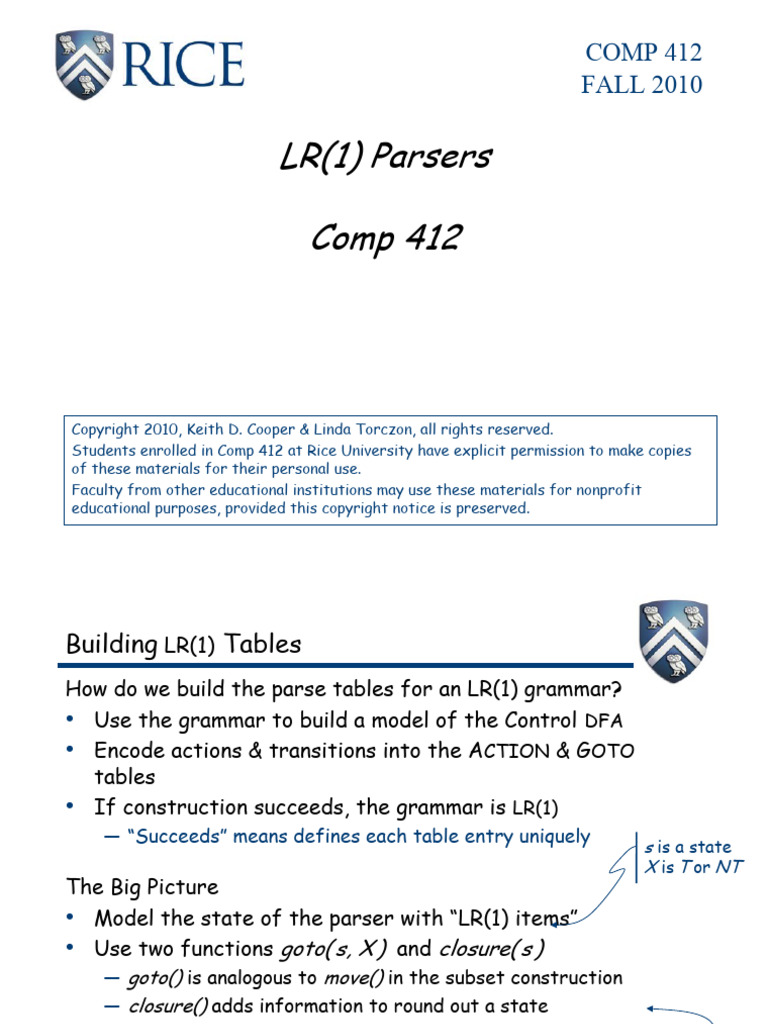 LR Parsers II The Canonical LR (1) Table Construction | PDF | Parsing | Computer Programming