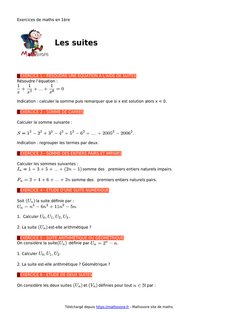 Exercices sur les suites numériques | PDF | Mathématiques | Équations