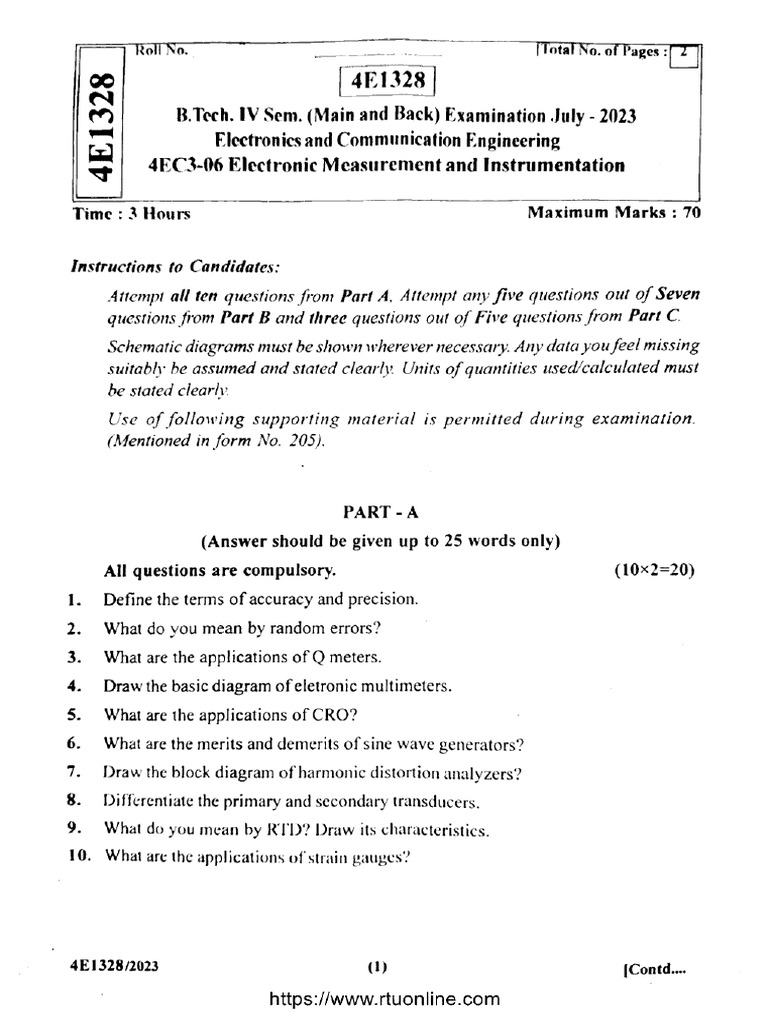 Btech Ec 4 Sem Electronic Measurement and Instrumentation 4e1328 Jul 2023 | PDF