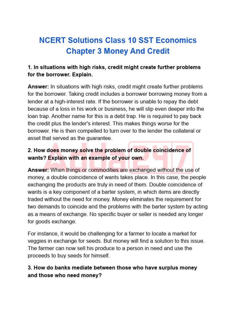 NCERT Solutions Class 10 SST Economics Chapter 3 Money and Credit | PDF | Finance & Money ...