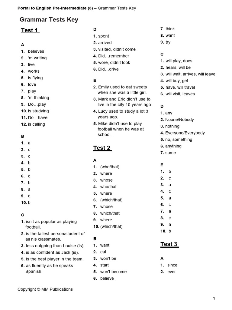 Portal To English Pre-Intermed - 3 - Grammar - Tests - Key | PDF