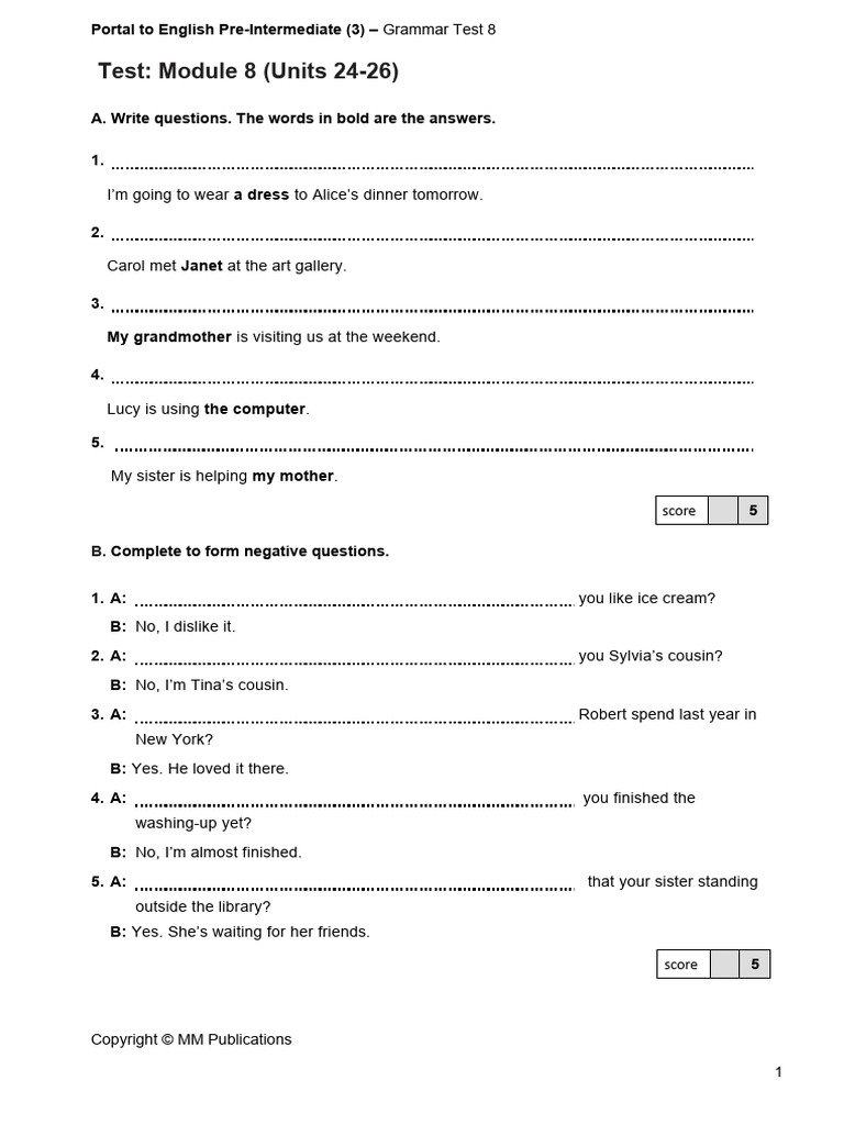 Portal To English Pre-Intermed - 3 - Gram Test 8 | PDF