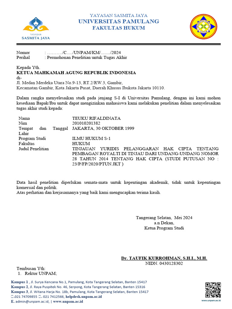 SURAT PERMOHONAN RISET DAN Penelitian | PDF