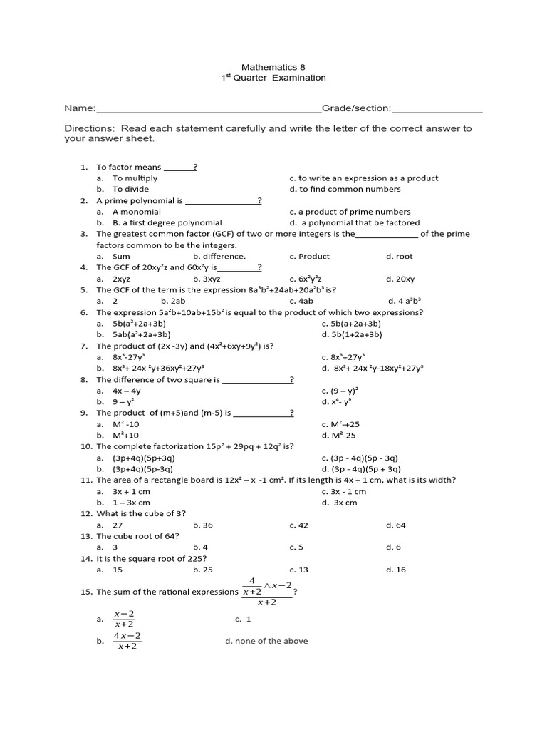 Grade 8 1st Quarter 2024 | PDF | Factorization | Polynomial