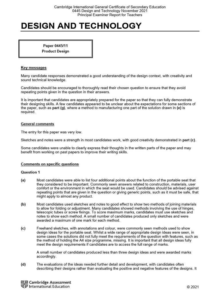 2021 Cambridge Design Technology Report | PDF | Drawing | Evaluation