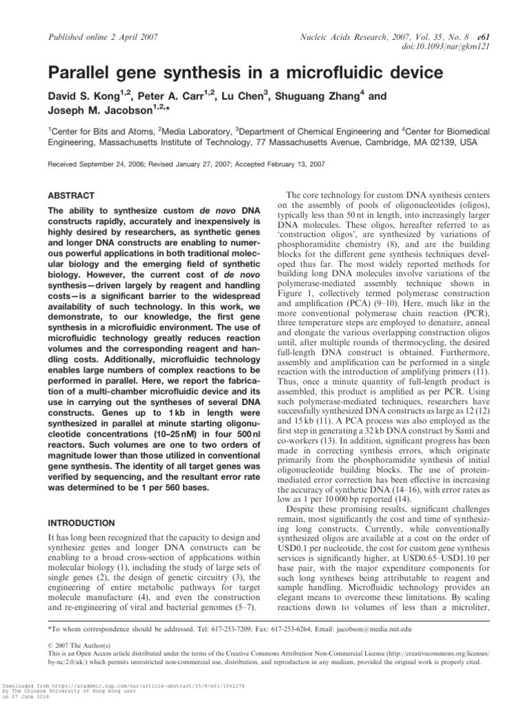 Microfluidic Parallel Gene Synthesis | PDF | Polymerase Chain Reaction ...