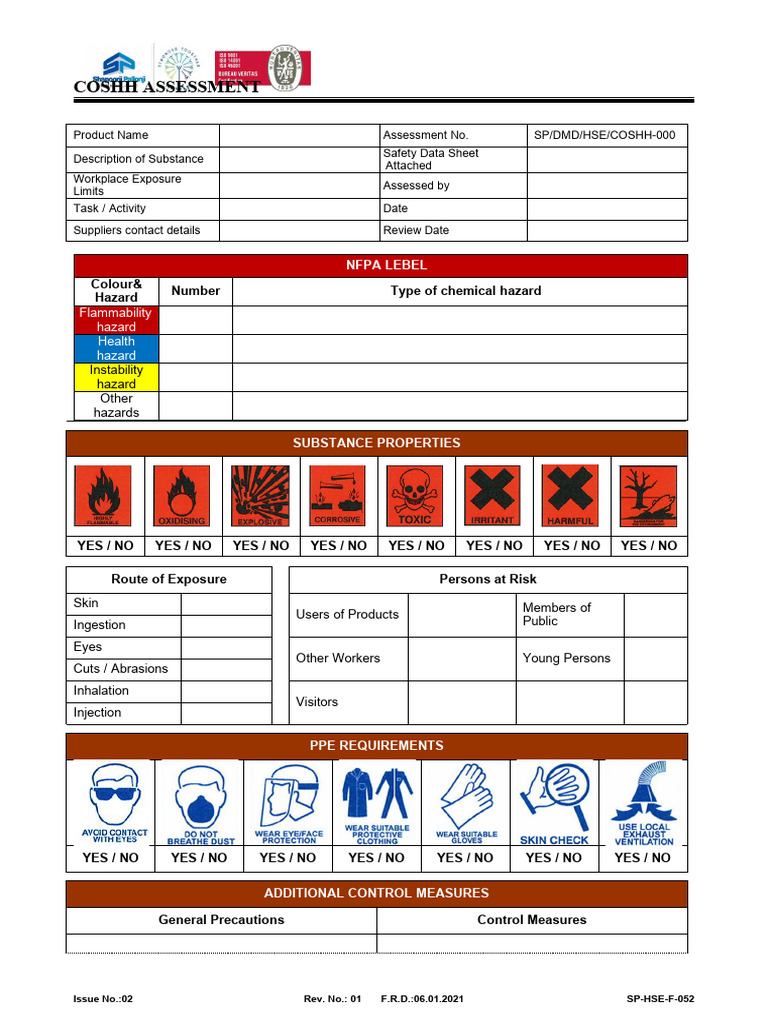 SP-HSE-F-052 COSHH Assessment | PDF | Labor Relations | Workplace