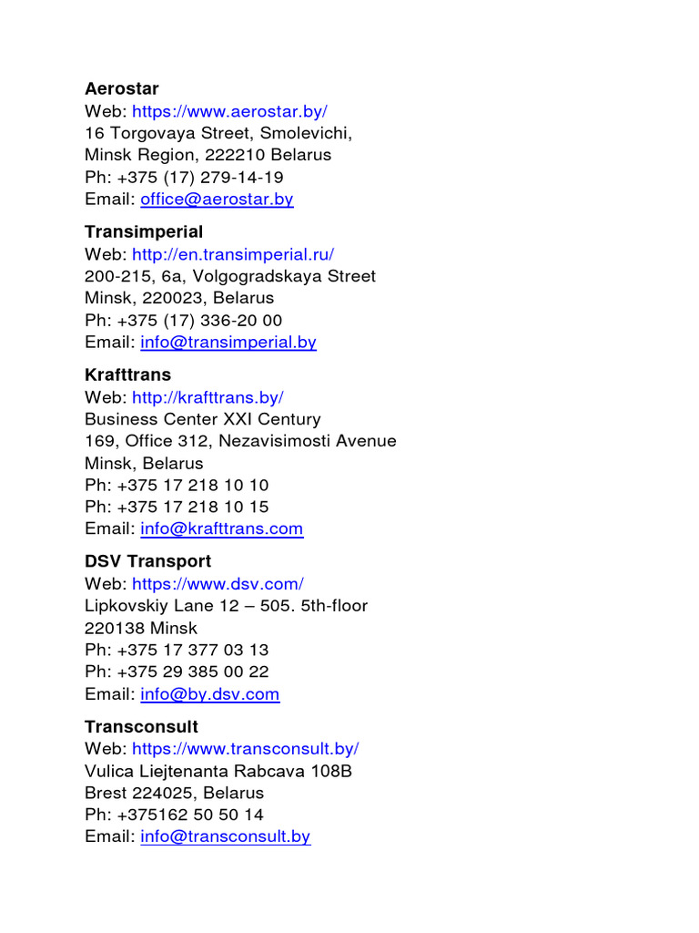 Belarus Logistics Contacts | PDF | Technology & Engineering