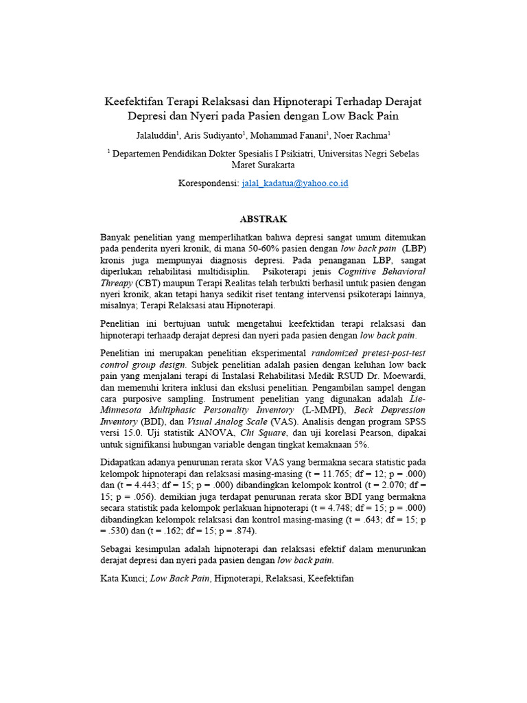 Keefektifan Terapi Relaksasi Dan Hipnoterapi Terhadap Derajat Depresi ...